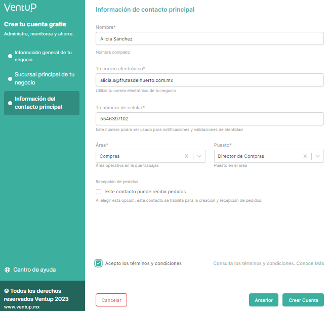 Crear cuenta en Ventup