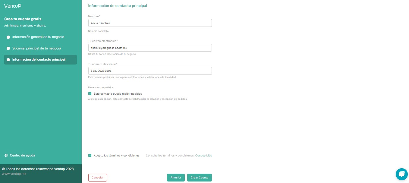 Crear cuenta en Ventup